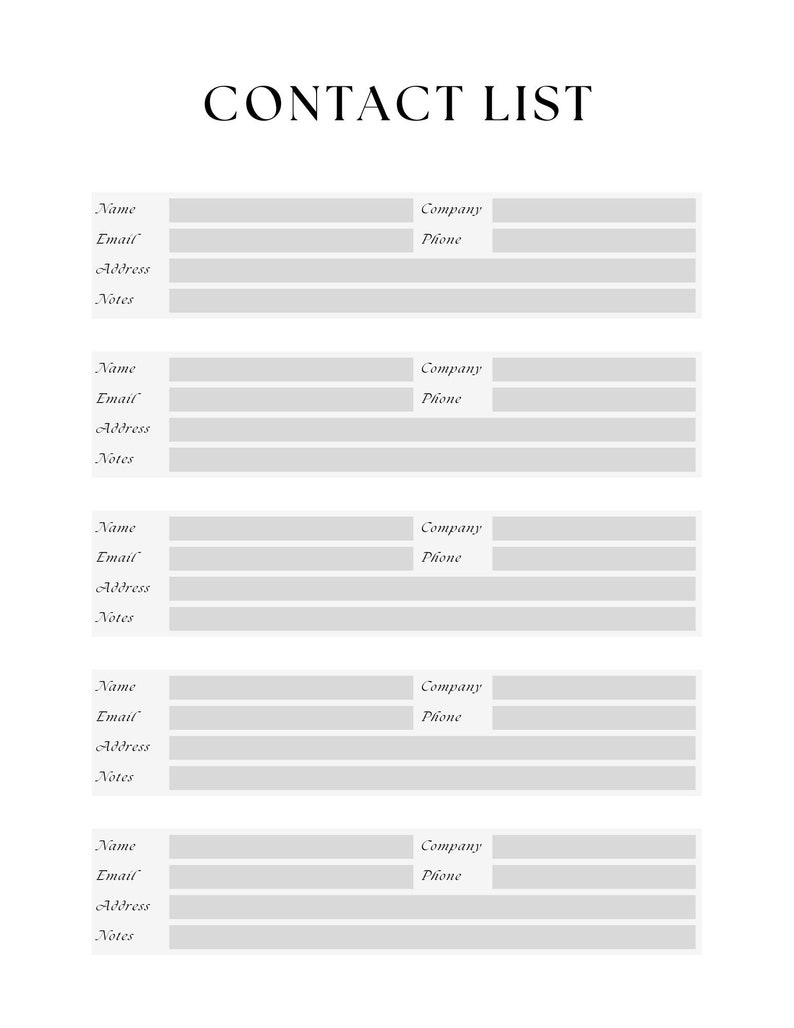 Minimalist Contact List Print - Etsy