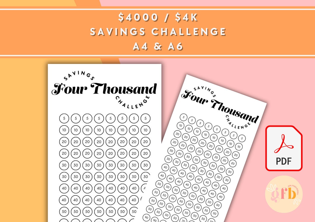 Four Thousand Dollar / 4000 / 4K Savings Challenge - A6 + A4 Printable ...