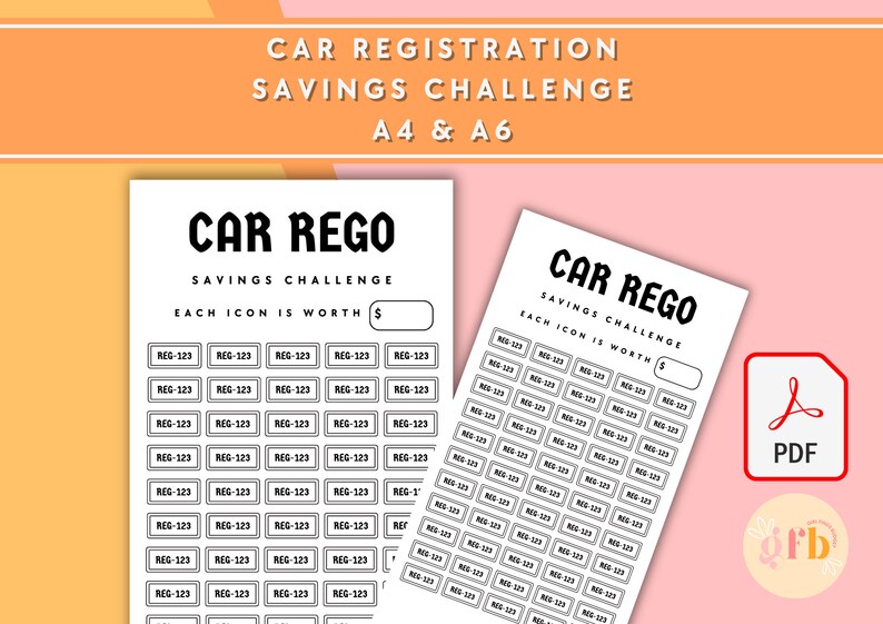 Car Registration / Car Rego Savings Challenge - A6 + A4 Printable PDF ...