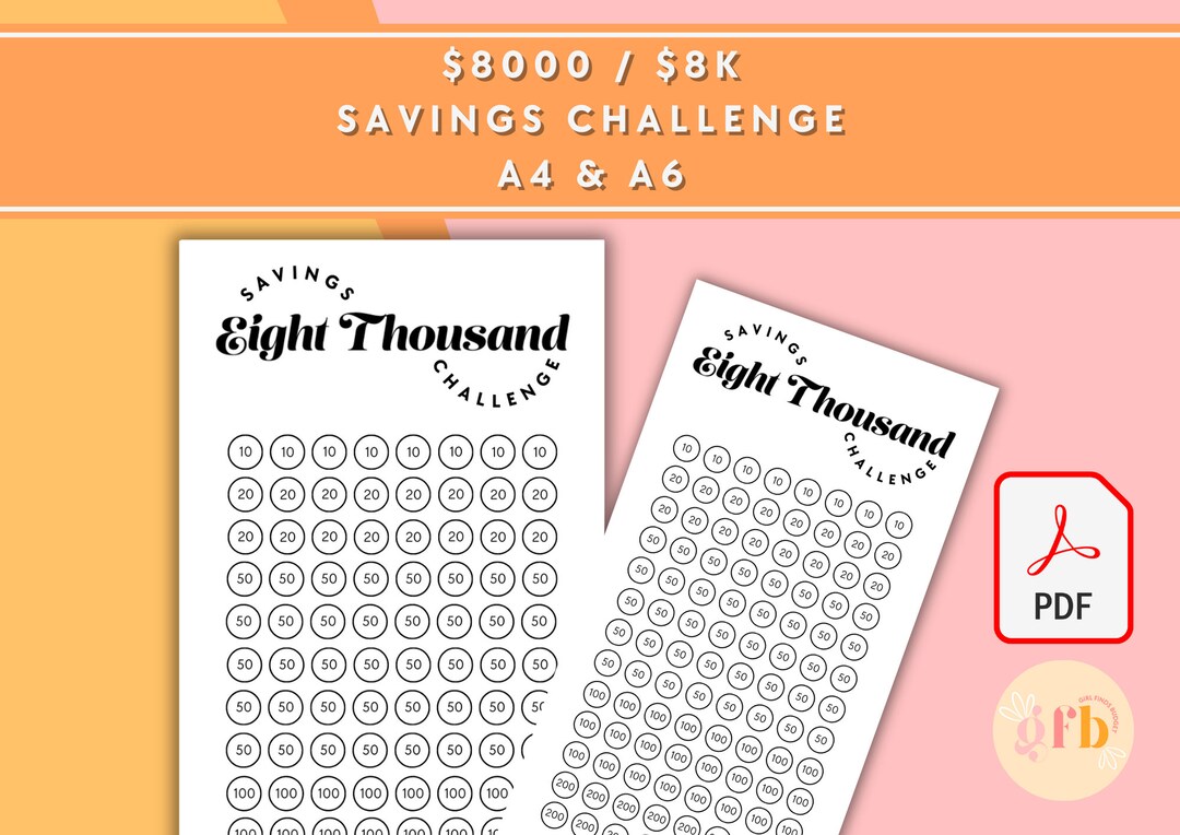 Eight Thousand Dollar / 8000 / 8K Savings Challenge - A6 + A4 Printable ...