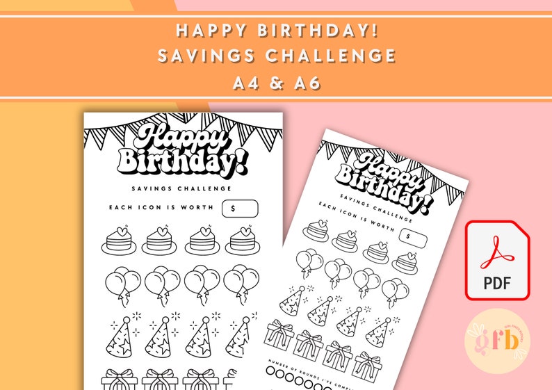 Happy Birthday Savings Challenge - A6 + A4 Printable PDF Downloadable ...