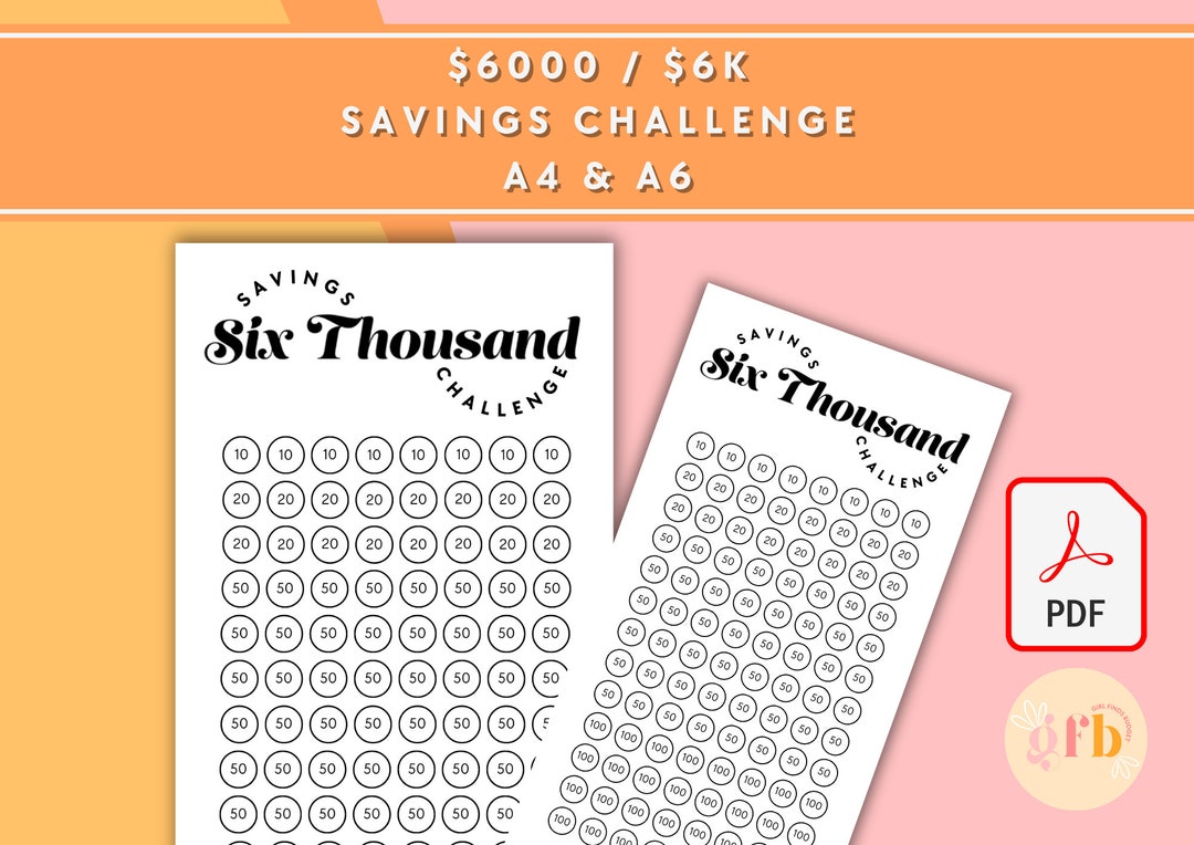 Six Thousand Dollar / 6000 / 6K Savings Challenge - A6 + A4 Printable ...