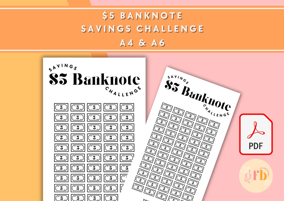 5 Dollar Bank Note Savings Challenge - A6 + A4 Printable PDF ...