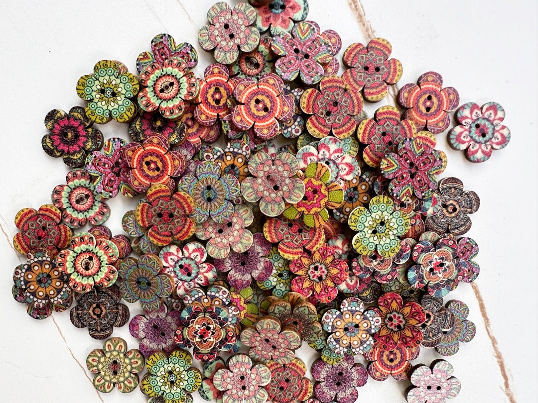 50-100 Pcs Whole Sale Mix of Floral Buttons, Bulk Wooden Buttons. 0.75 ...