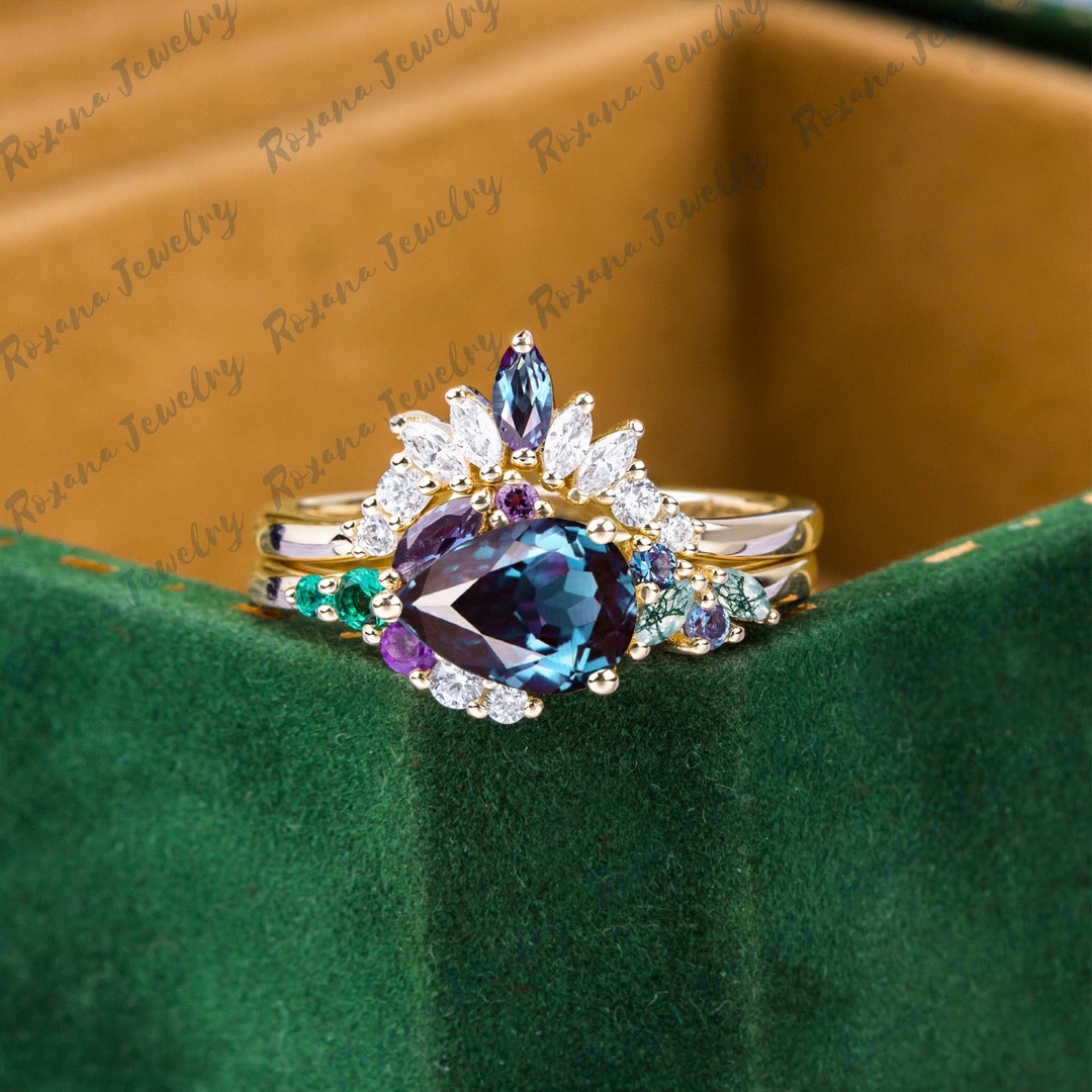 Alexandrite Bridal Set Art Deco Solid 14k Yellow Gold Wedding Ring Sets ...