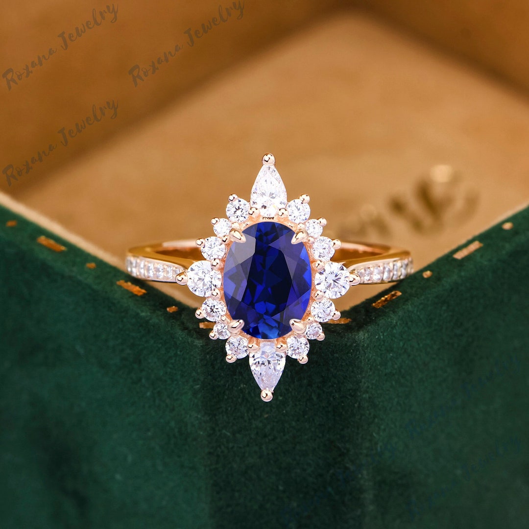 Oval Cut Sapphire Ring Solid Gold Bridal Ring Moissanite Halo - Etsy