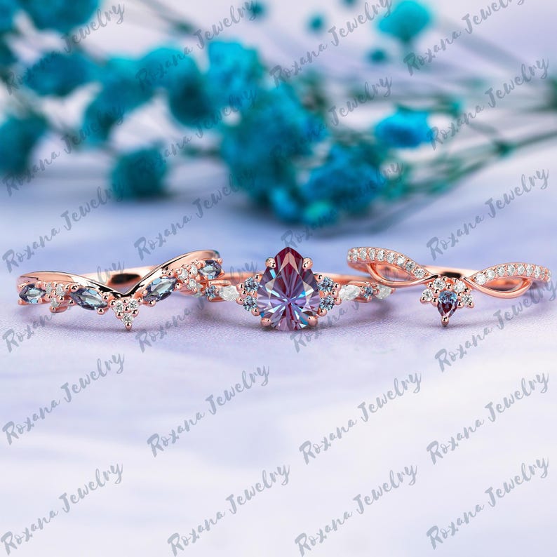 Firework Cut Alexandrite Engagement Ring Set Unique Double Curved ...