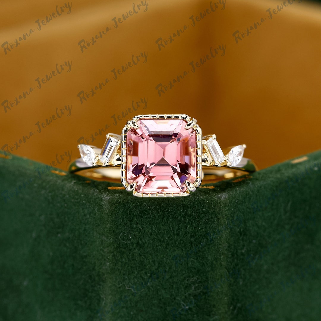 Asscher Cut Pink Sapphire Engagement Ring Solid Yellow Gold Bridal Ring ...