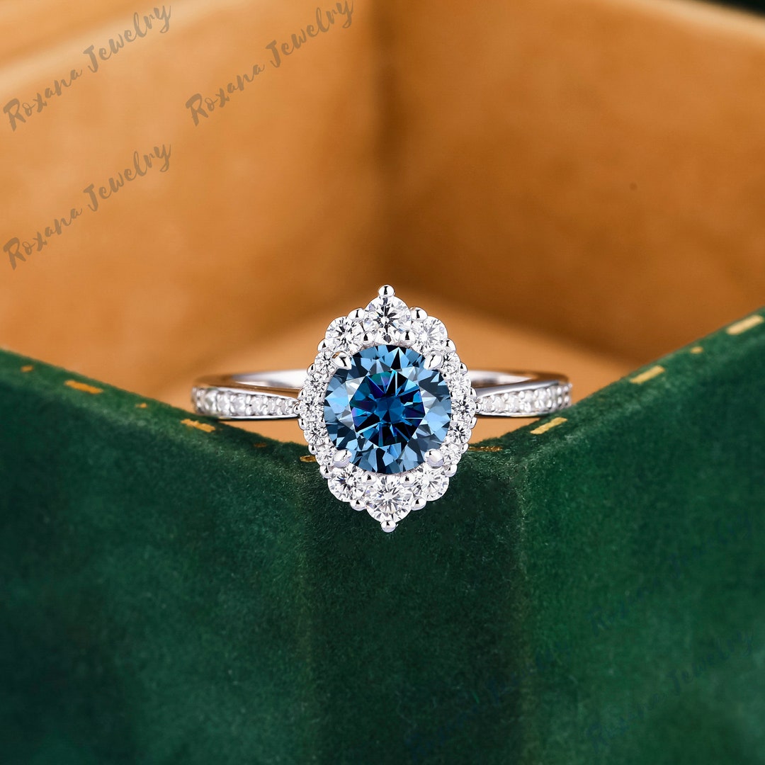Blue Grey Moissanite Engagement Ring Solid White Gold Moissanite Halo ...