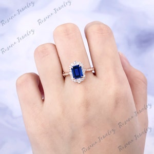 Solid Gold Blue Sapphire Ring 68mm Lab Created Sapphire Engagement Ring ...