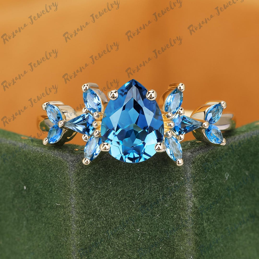 Teardrop Shape Natural London Blue Topaz Engagement Ring Solid 14k Gold ...