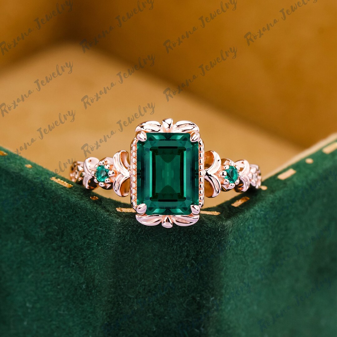Emerald Cut Green Emerald Engagement Ring Accent Ring Solid Rose Gold ...