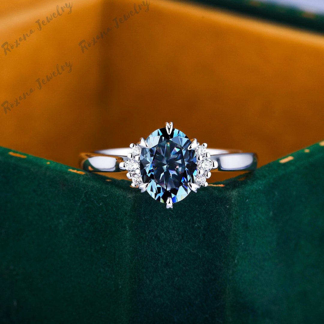 Oval Blue Grey Moissanite Engagement Ring Solid 14K White Gold Ring ...