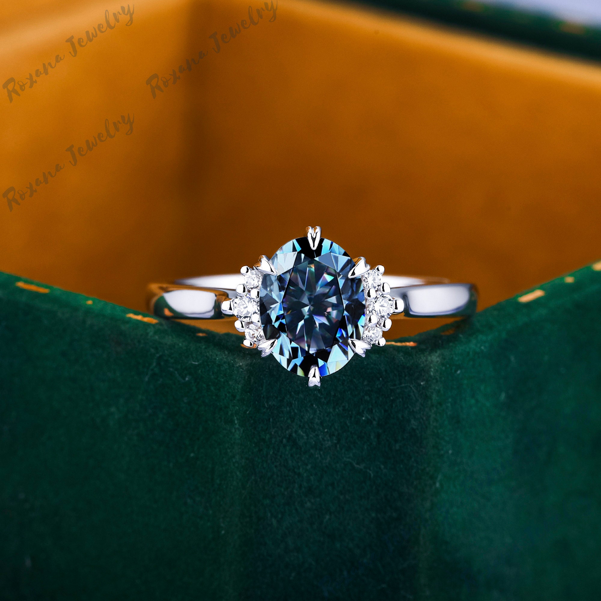 Oval Blue Grey Moissanite Engagement Ring Solid 14K White Gold Ring ...