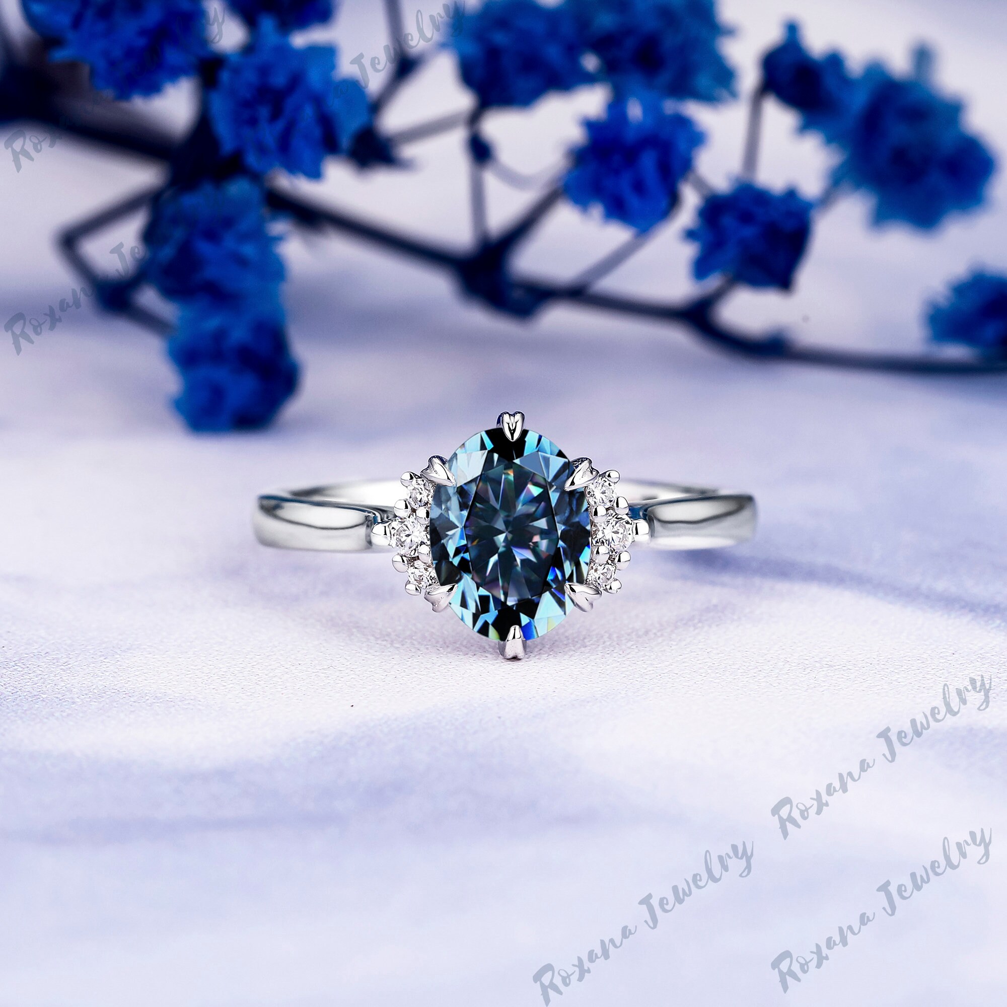 Oval Blue Grey Moissanite Engagement Ring Solid 14K White Gold Ring ...