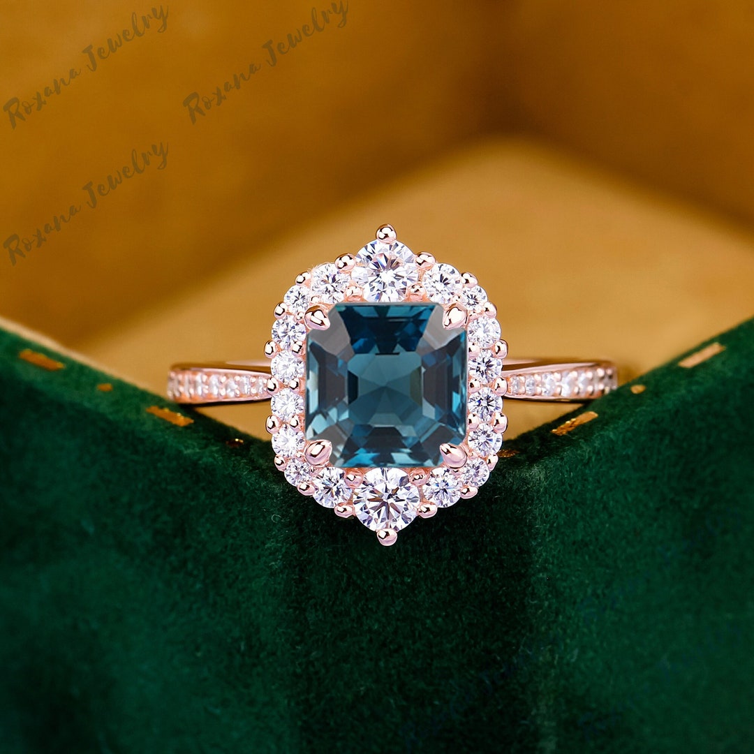 Unique Asscher Cut Engagement Ring Solid Rose Gold Ring for Women Halo ...