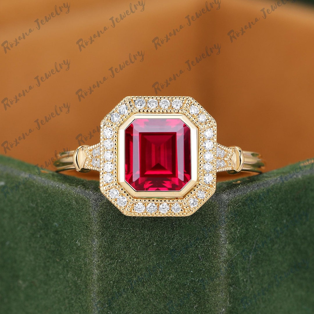Emerald Shape Red Ruby Bridal Ring Moissanite Halo Ring Solid Yellow ...