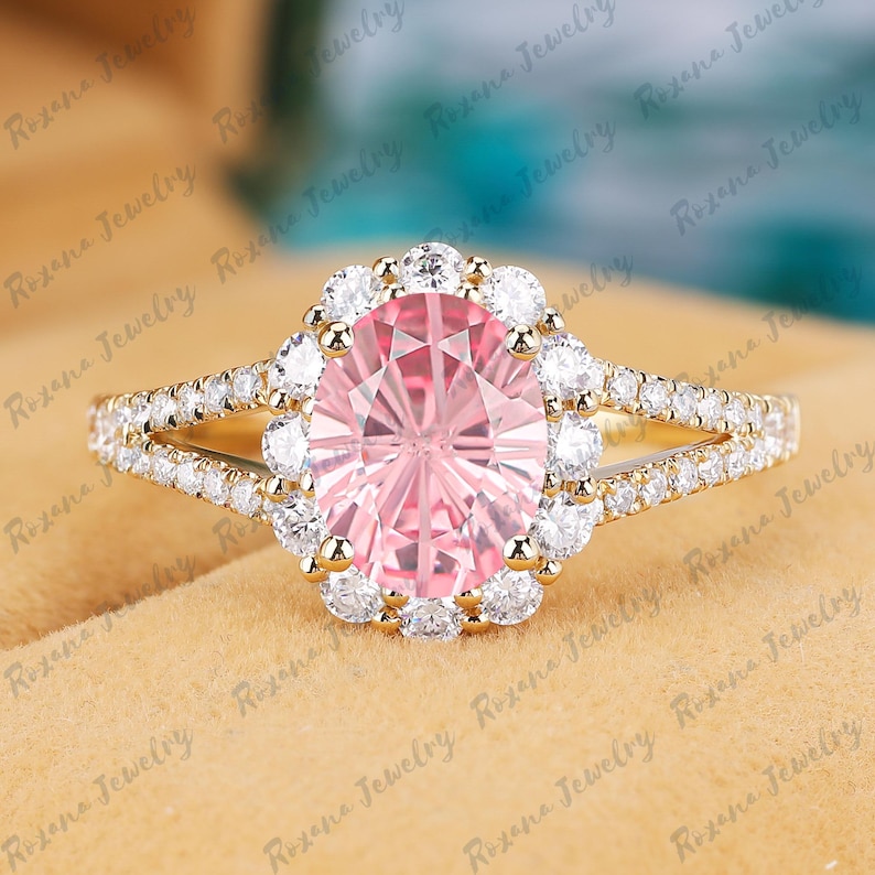 14K Gold - Firework Cut Lab Pink Sapphire Wedding Ring, Moissanite Halo ...