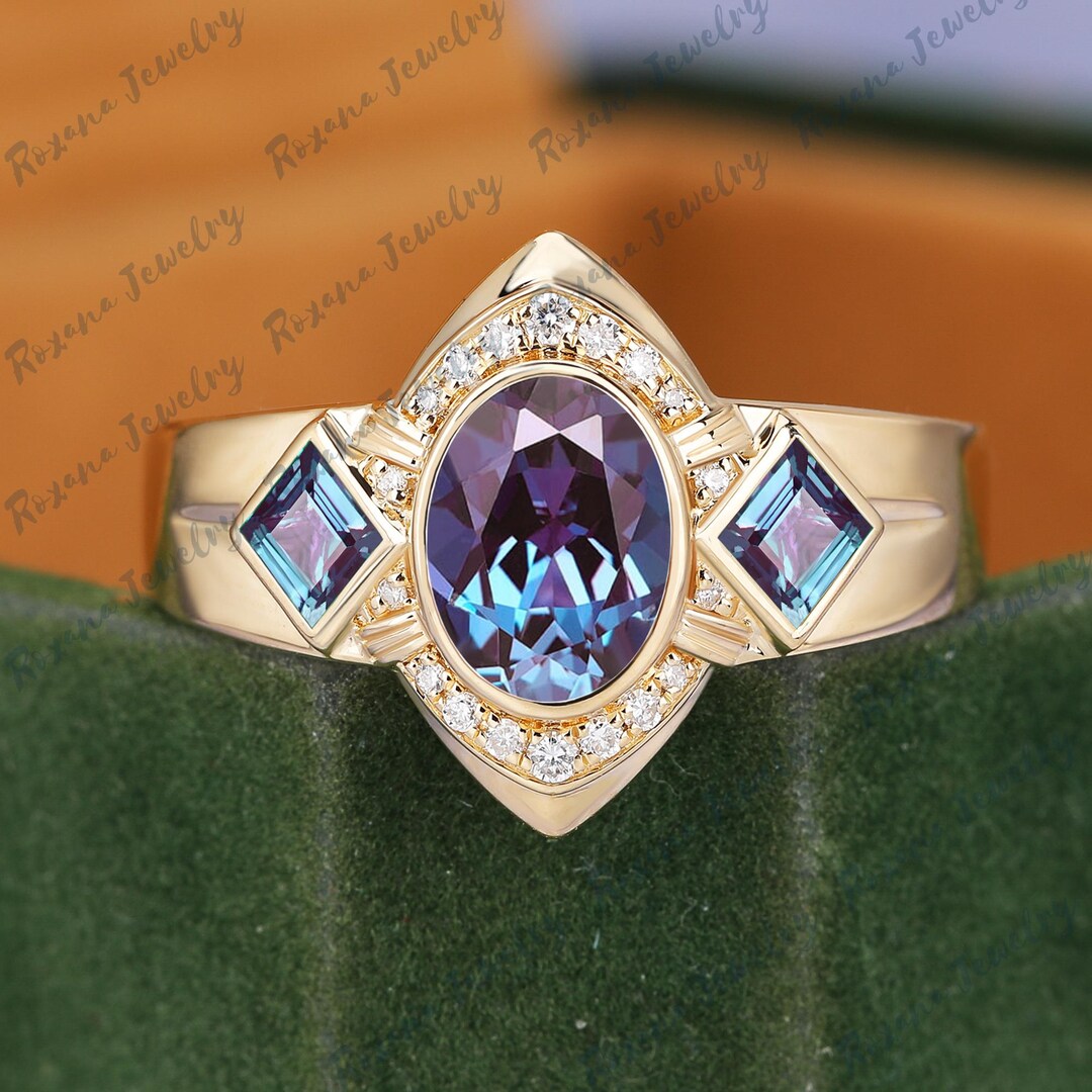 Vintage Change Color Stone Wedding Ring Oval Cut Alexandrite Engagement ...