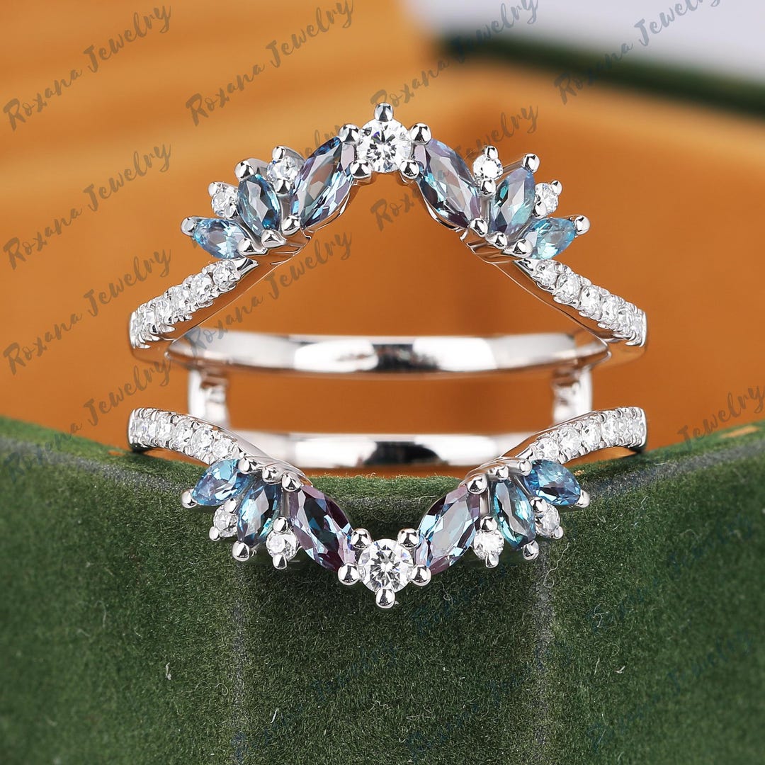 Alexandrite Double Curved Wedding Band Unique Moissanite Ring White ...