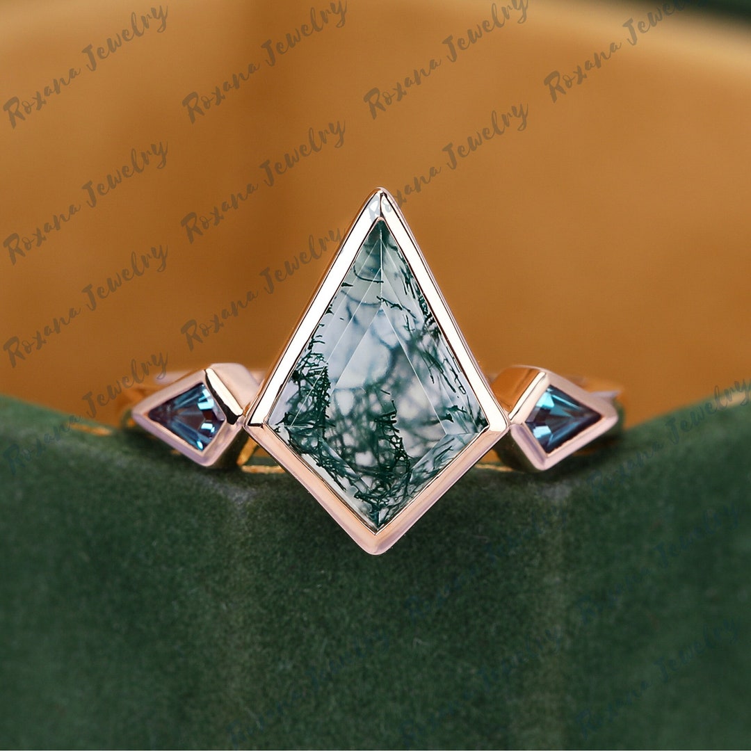 Unique Kite Cut Natural Moss Agate Engagement Ring 14k Rose Gold ...
