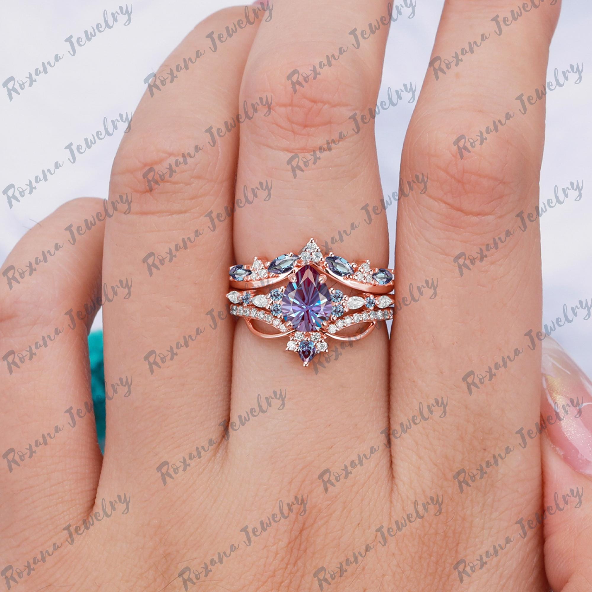 Firework Cut Alexandrite Engagement Ring Set Unique Double Curved ...