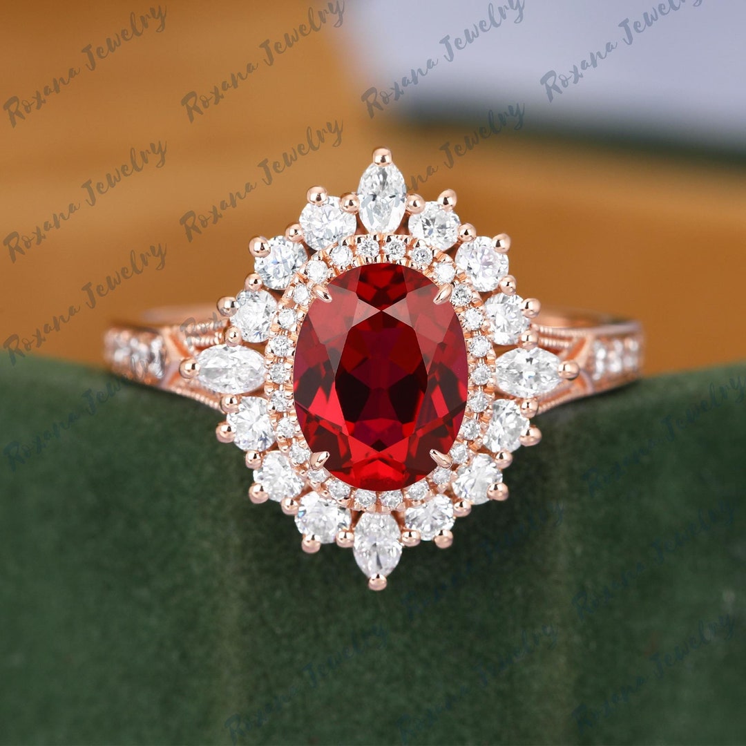 Oval Cut Red Ruby Engagement Ring Moissanite Halo Ring Solid Rose Gold ...