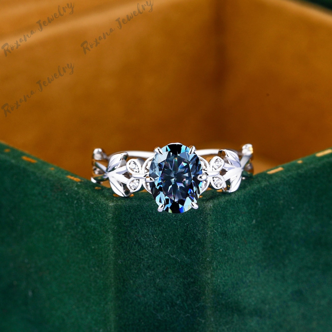 Oval Blue Grey Moissanite Engagement Ring White Gold Ring Unique Nature ...