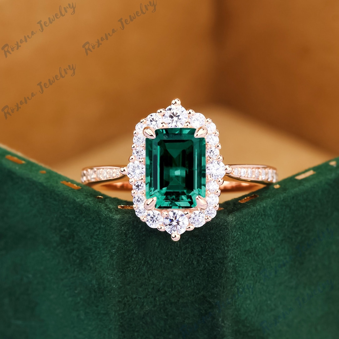 Solid 14K Gold Green Emerald Ring 2CT Lab Created Emerald Engagement ...