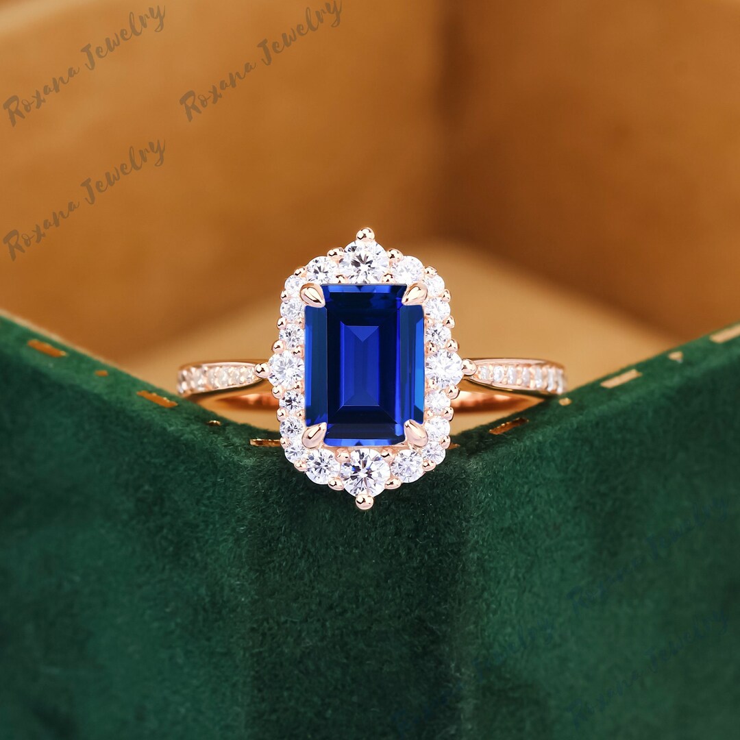 Solid Gold Blue Sapphire Ring 68mm Lab Created Sapphire Engagement Ring ...