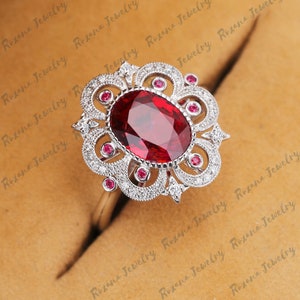 Oval Shape Red Ruby Engagement Ring Solid White Gold Ring Vintage ...