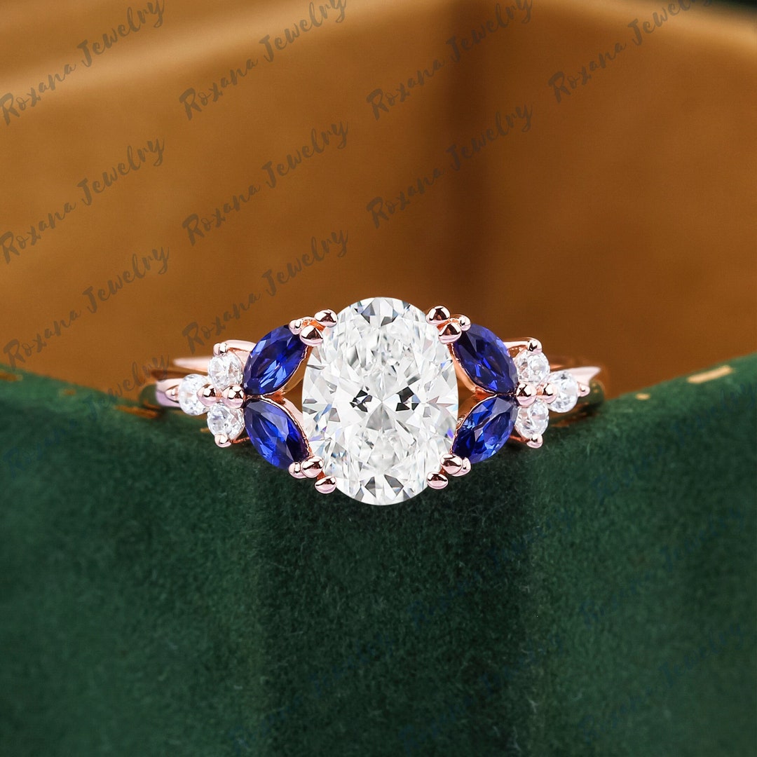 Oval 1.5CT Moissanite Solid Gold Engagement Ring Unique Blue Sapphire ...