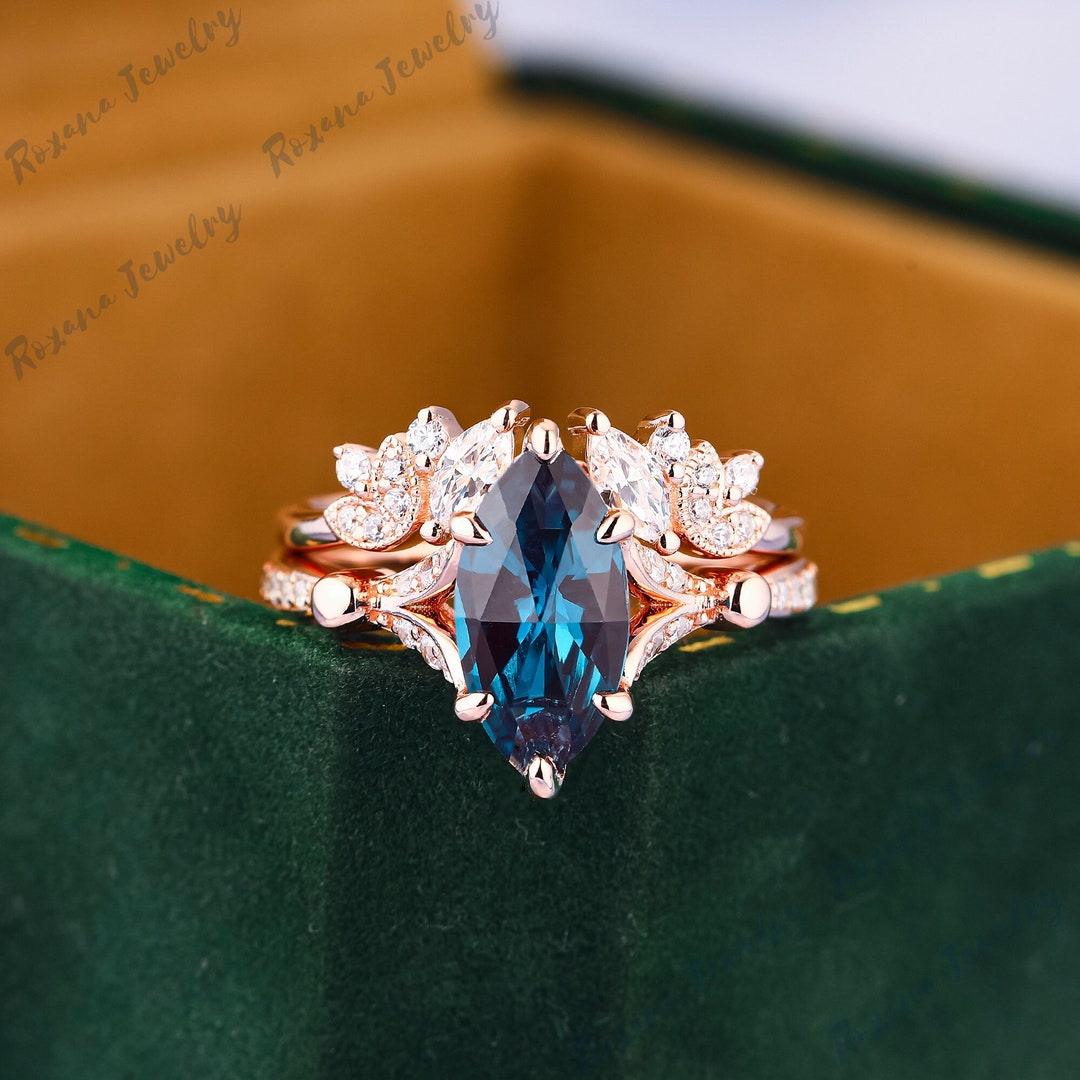 Marquise Cut Alexandrite Bridal Set Vintage Milgrain Solid Rose Gold ...