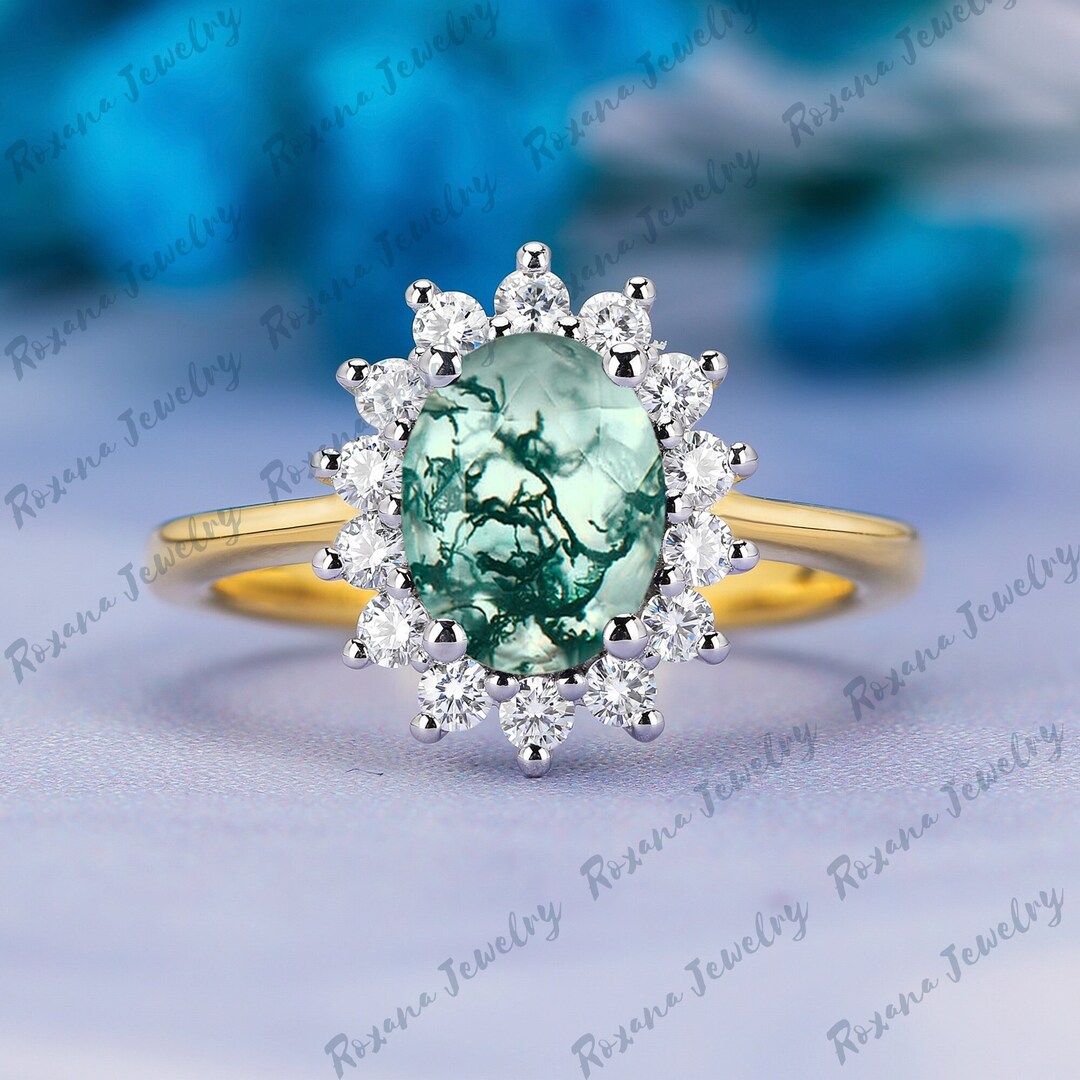 Natural Moss Agate Engagement Ring Moissanite Cluster Ring Solid Two ...
