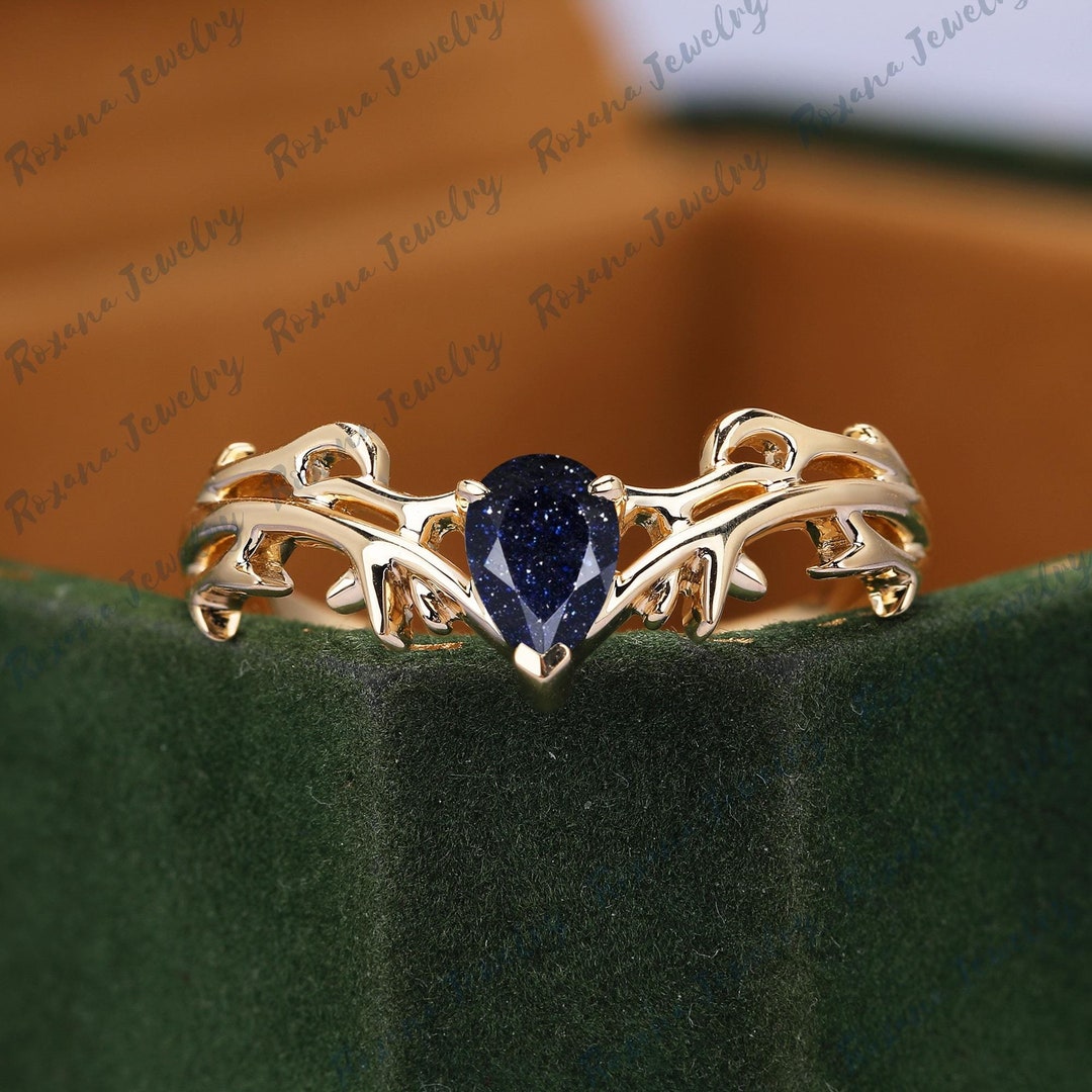 Unique Blue Sandstone Wedding Ring Solid Yellow Gold Twig Ring Matching ...