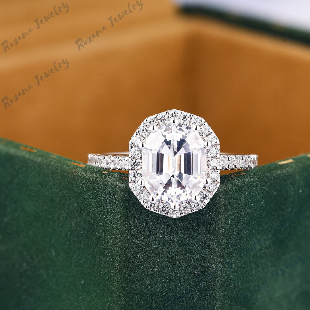 Unique Decagon Moissanite Engagement Ring Halo Accents Moissanite Ring ...