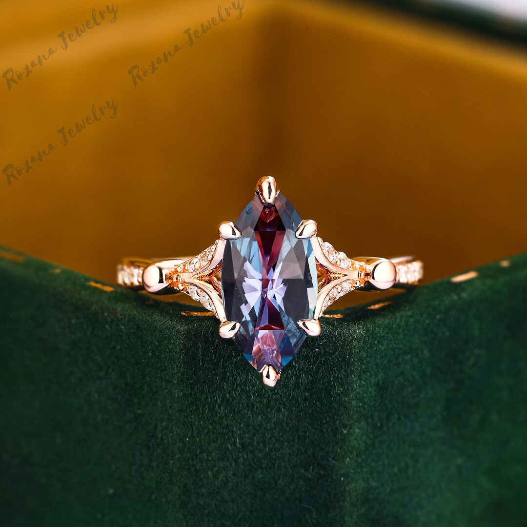 Marquise Rose Cut Alexandrite Rings for Women 14K Solid Rose Gold Ring ...