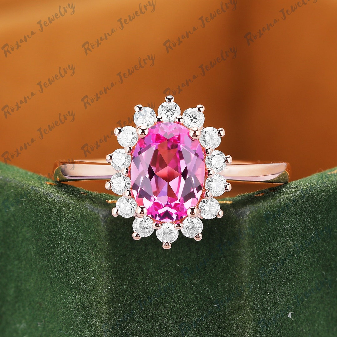 Oval Cut Pink Sapphire Engagement Ring Solid Rose Gold Ring Starburst ...
