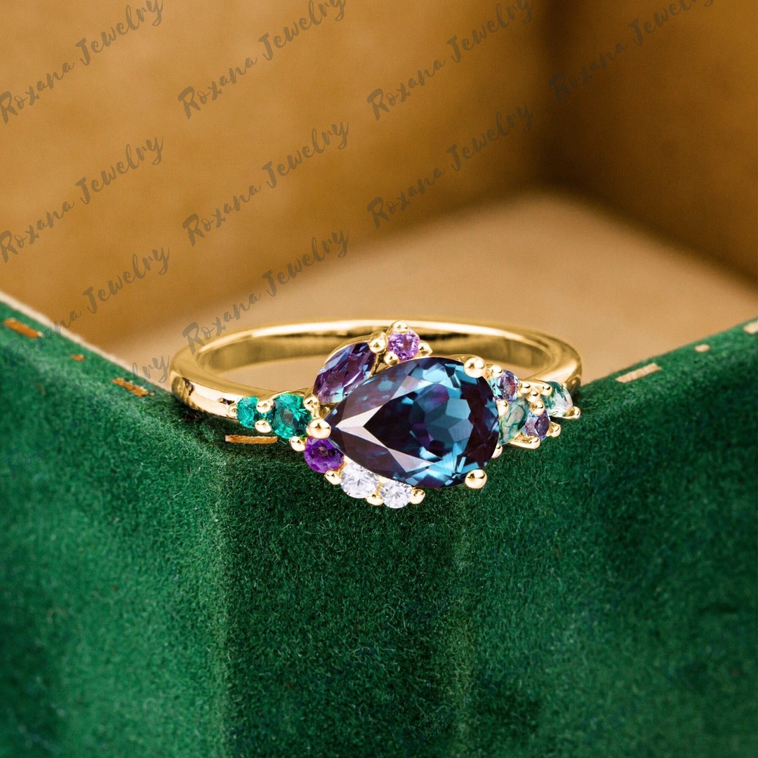 Alexandrite Engagement Ring Change Color Stone Gemstone Ring Pear Cut ...