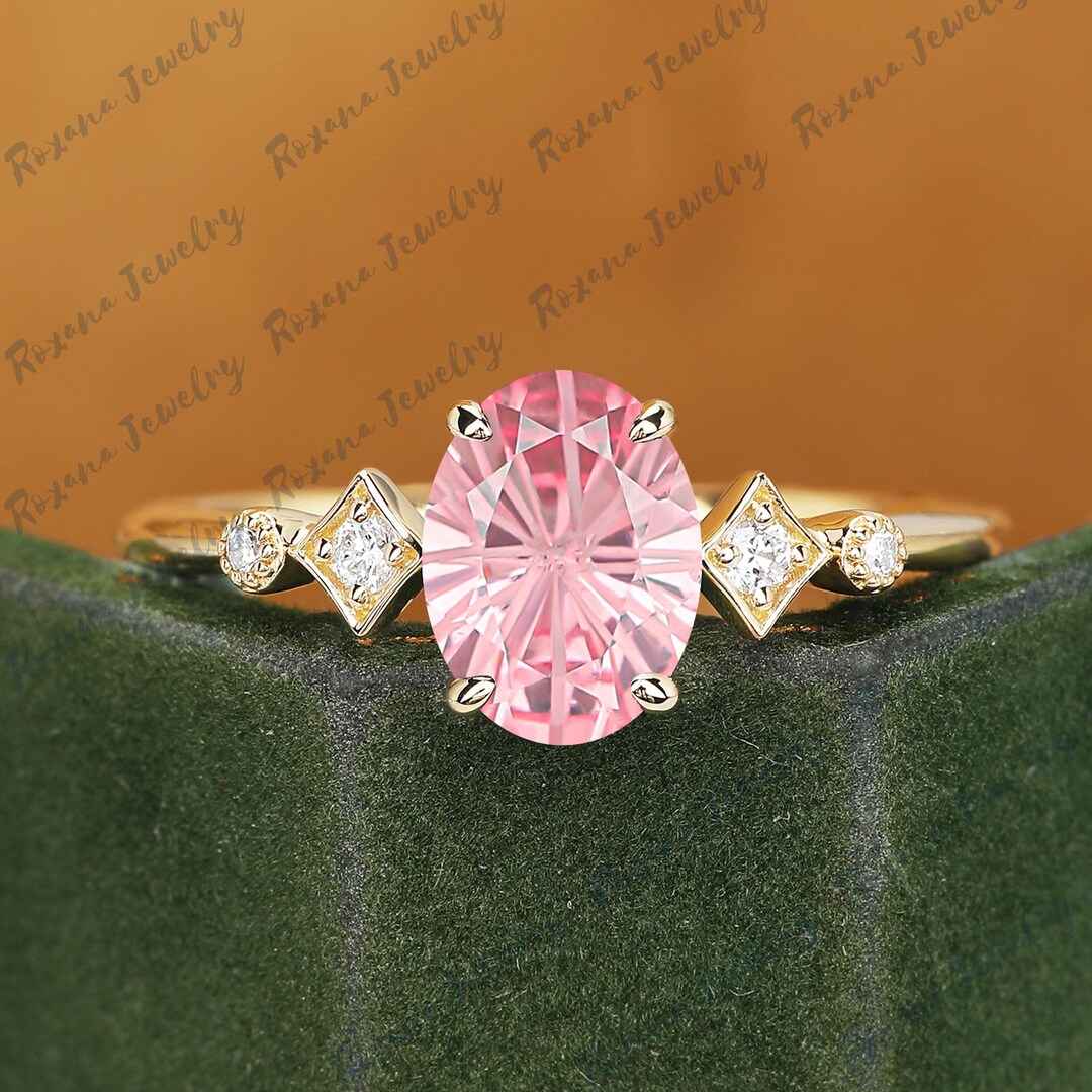 Firework Cut Lab Pink Sapphire Engagement Ring Oval Shape Pink Gemstone ...