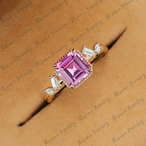 Asscher Cut Pink Sapphire Engagement Ring Solid Yellow Gold Bridal Ring ...