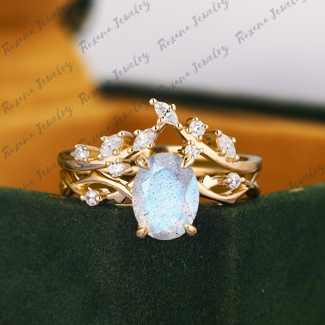 Oval Cut Nature Labradorite Bridal Sets Engagement Ring Set 14k Yellow ...