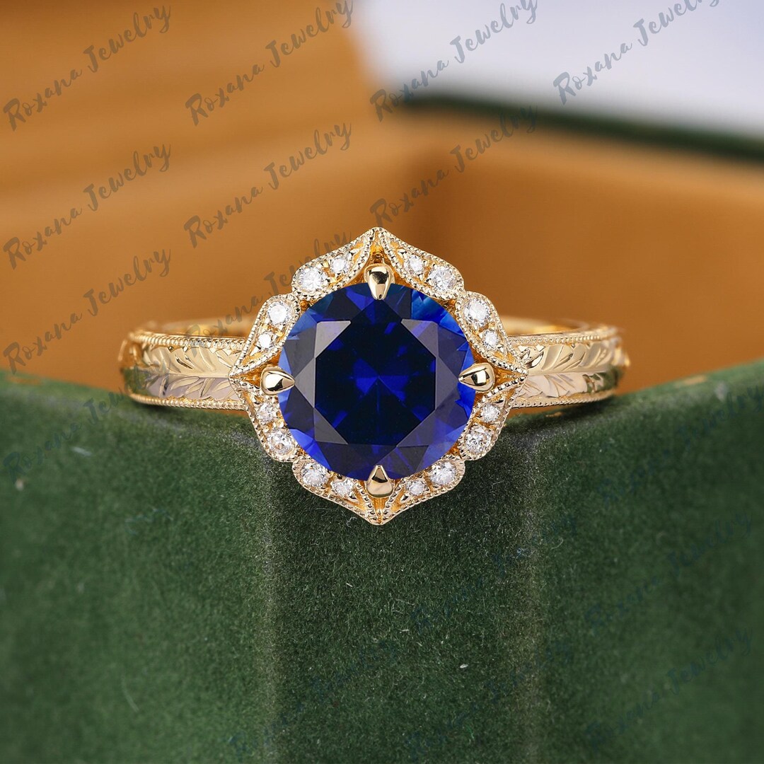 Round Cut Blue Sapphire Engagement Ring Solid Yellow Gold Bridal Ring ...