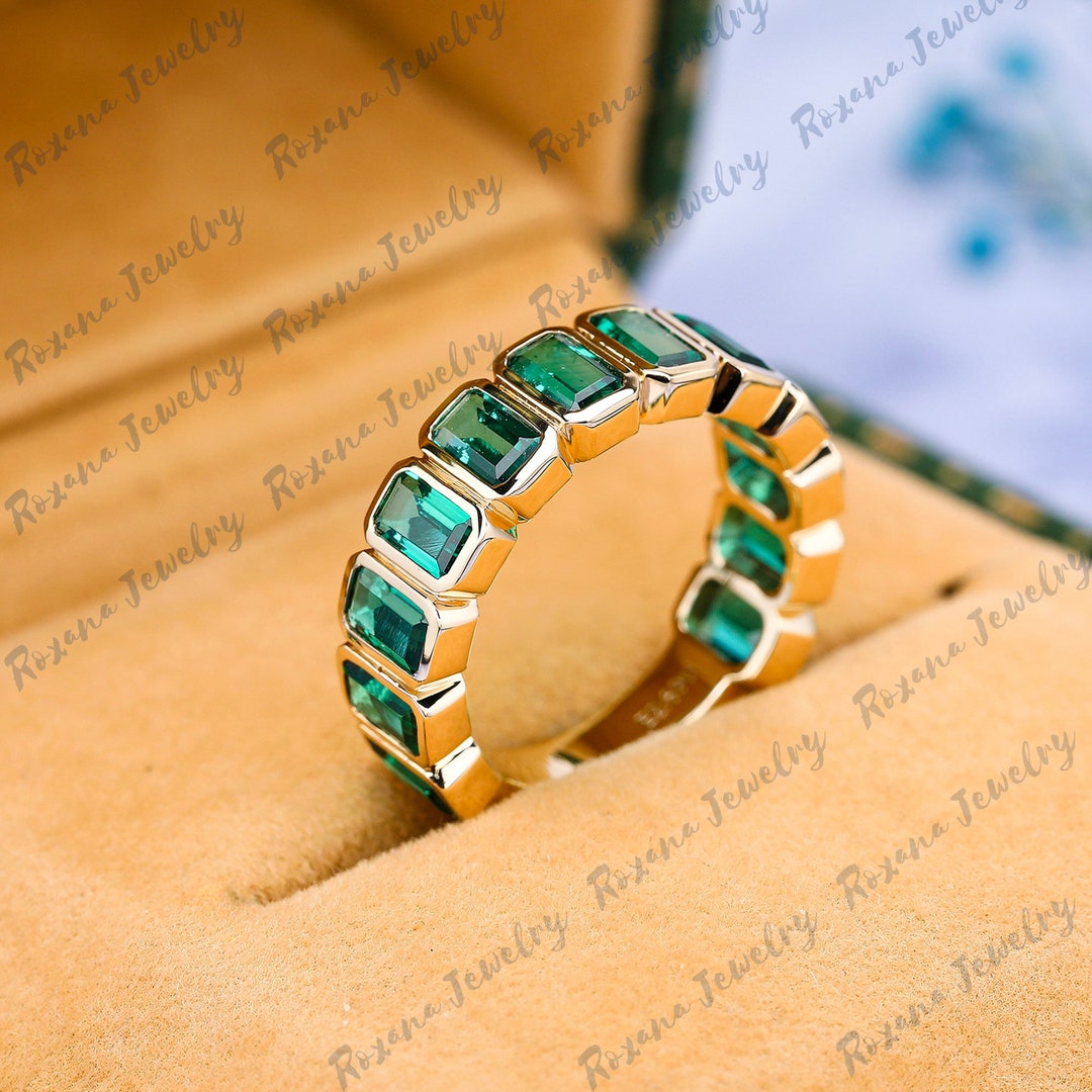Green Emerald Half Eternity Wedding Band Solid 14k Yellow Gold Emerald ...