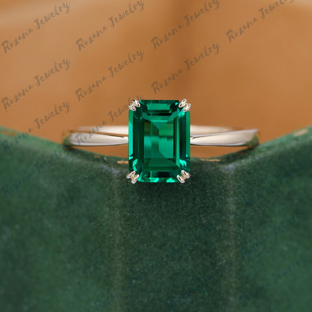 Emerald Cut Green Emerald Engagement Ring Solid Yelow Gold Ring Brilliant Green Gemstone Rings ...