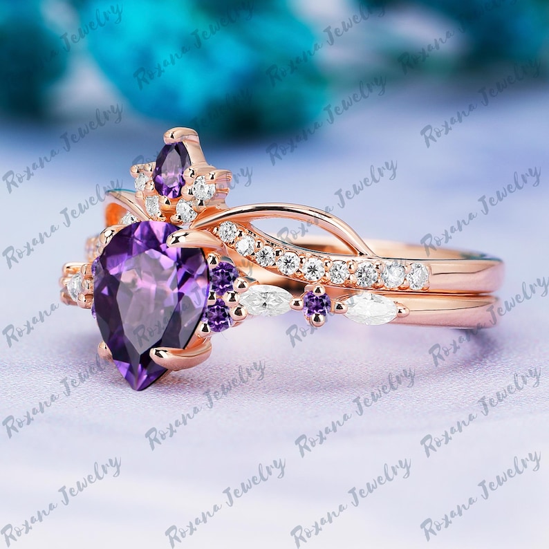 Raw Amethyst Engagement Ring Set Purple Gesmtone Ring Set Teardrop ...