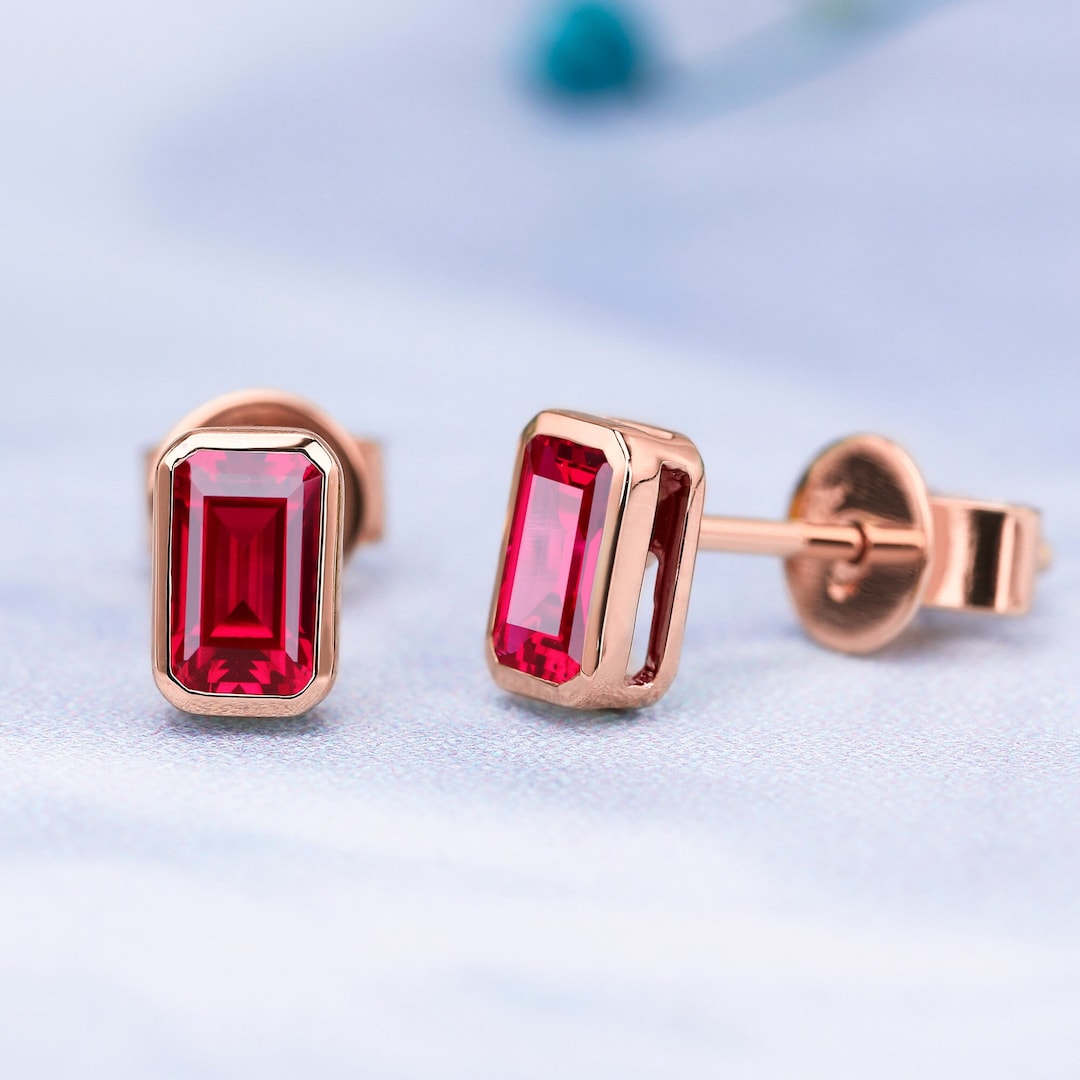 Solid Rose Gold Ruby Stud Earrings, Emerald Cut Lab Ruby Earrings ...