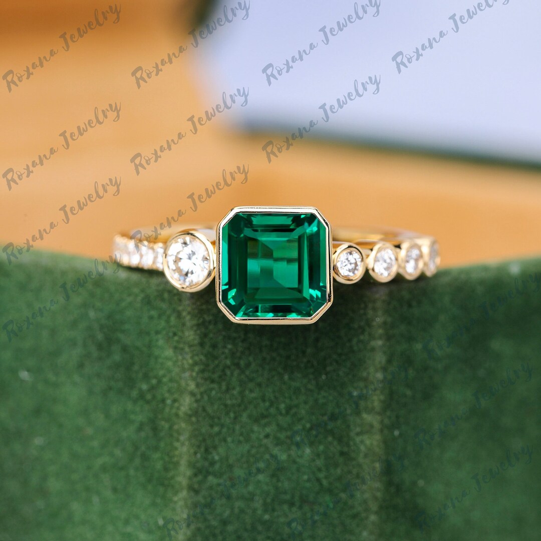 Asscher Cut Green Emerald Engagement Ring Solid Gold Ring Moissanite Cluster Ring Green Gemstone ...