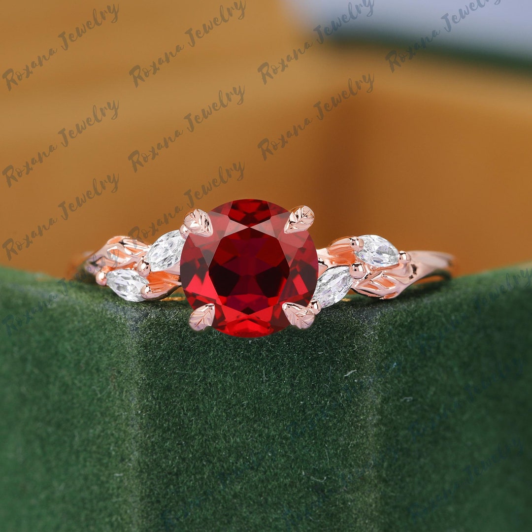 Red Ruby Engagement Ring Round Shape Natural Inspired Leaf Ring ...