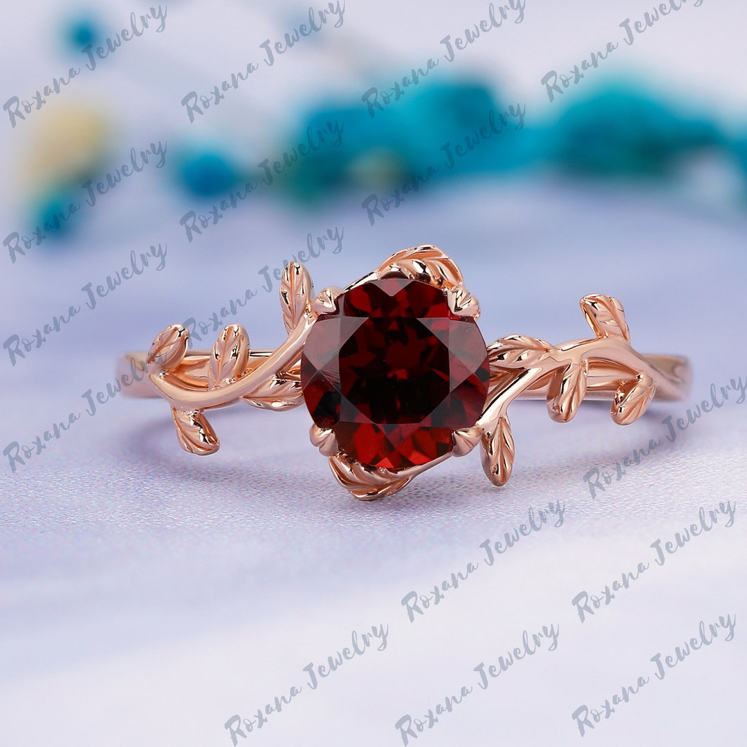 Round Cut Nature Red Garnet Ring Engagement Ring Natural Inspired Leaf ...